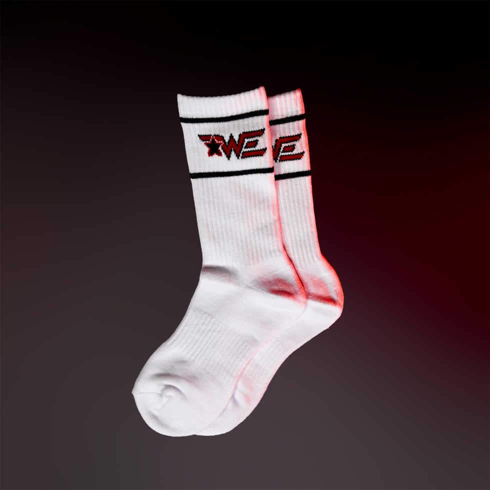 White WE Logo Crew Socks - Woodlands Elite Cheer Co.